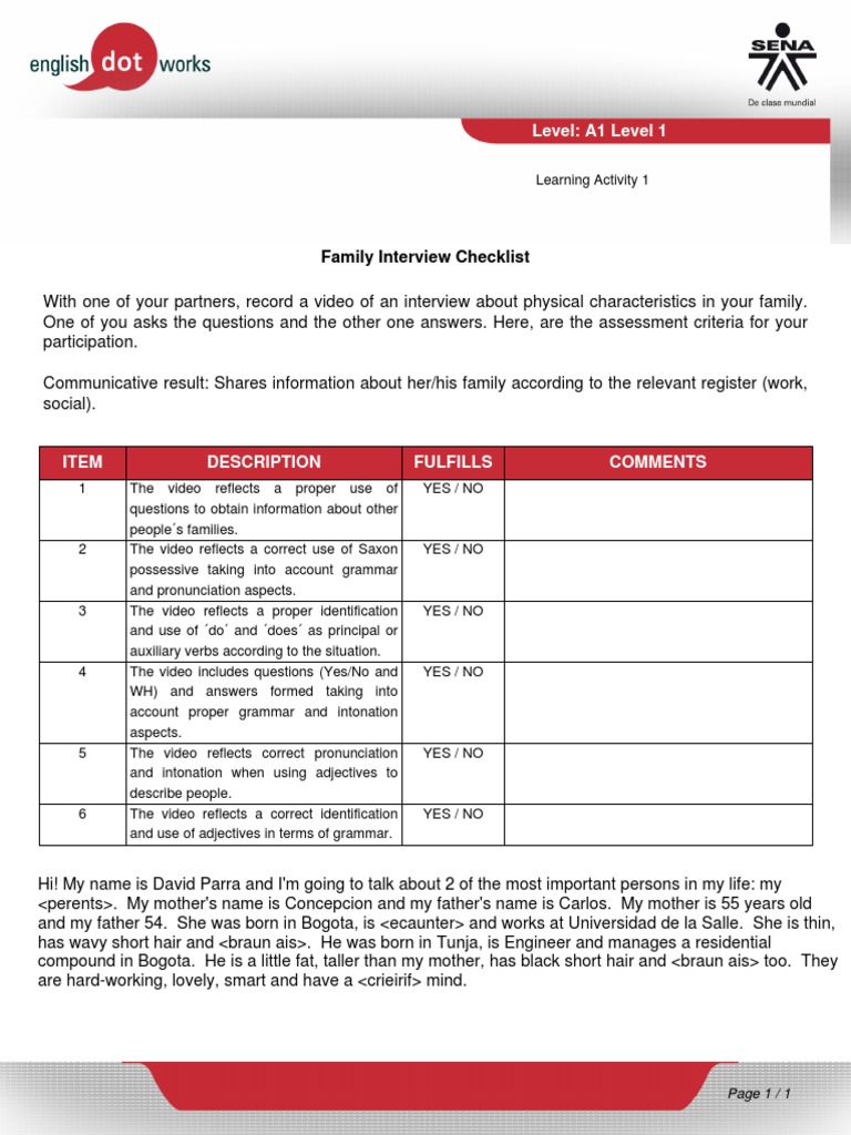 Level: A1 Level 1: Family Interview Checklist | PDF
