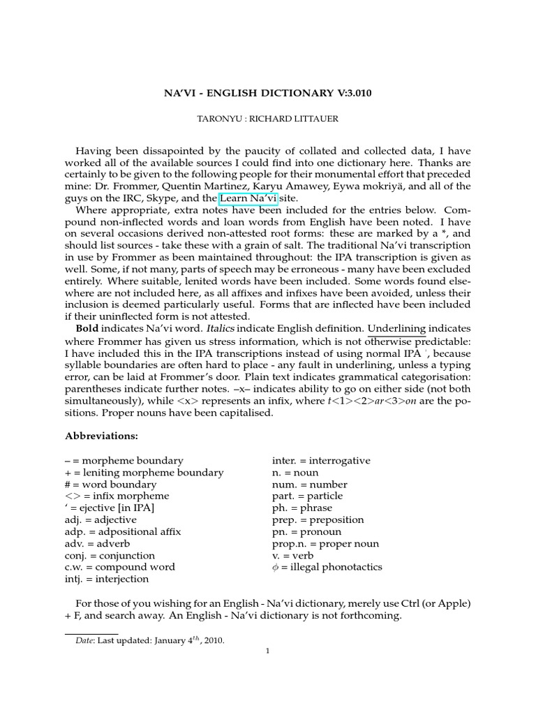 Na'Vi - English Dictionary V:3.010: Taronyu: Richard Littauer | PDF ...