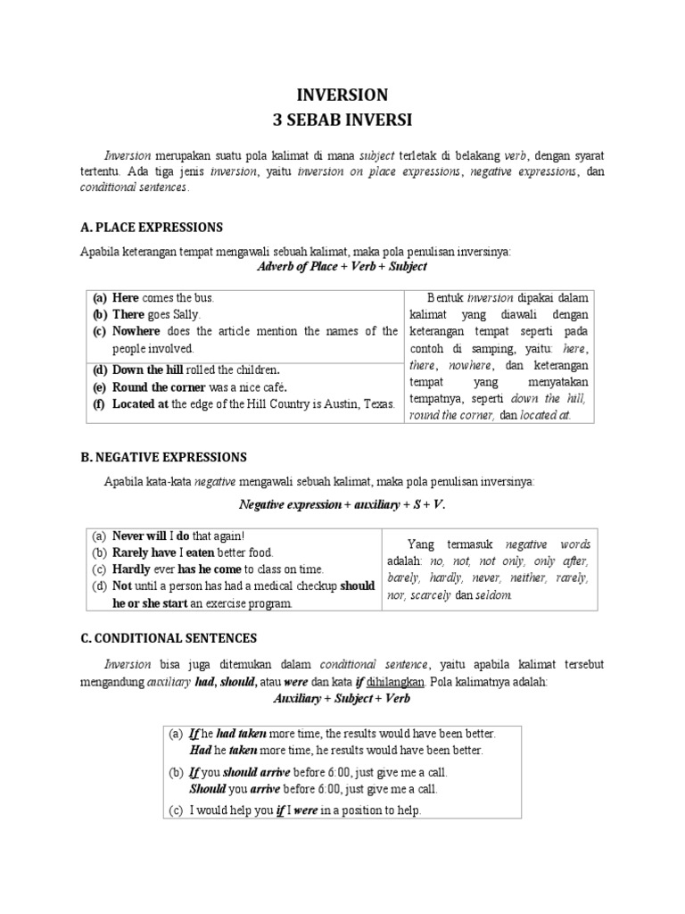 Inversion 3 Sebab Inversi: A. Place Expressions | PDF | Semantic Units ...
