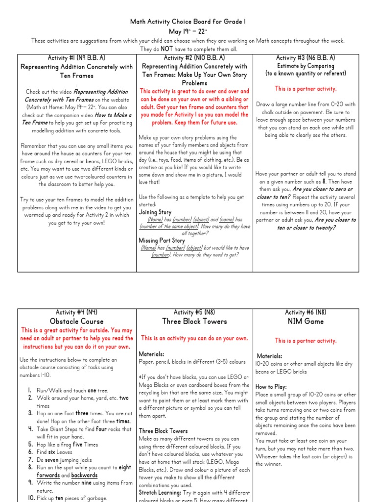 Grade 1 Math Activity Choice Board | PDF | Lego | Cognition