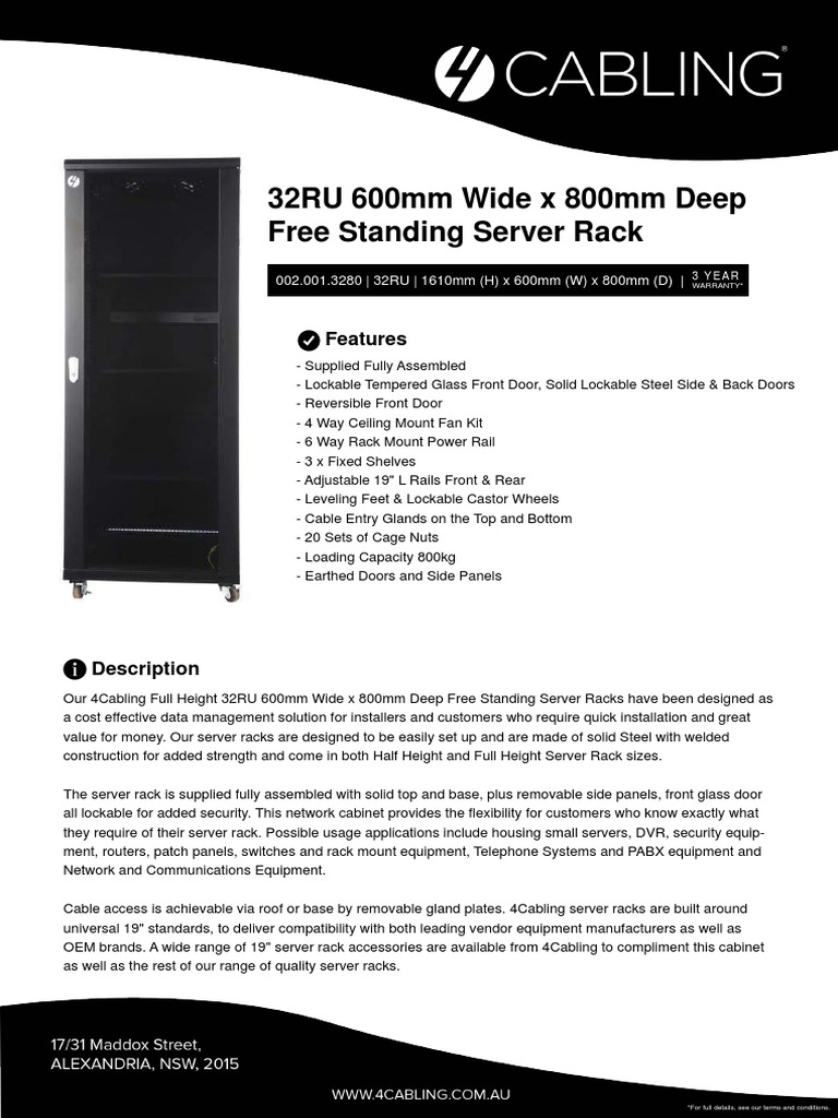 32RU 600mm Wide x 800mm Deep Free Standing Server Rack: Technical ...