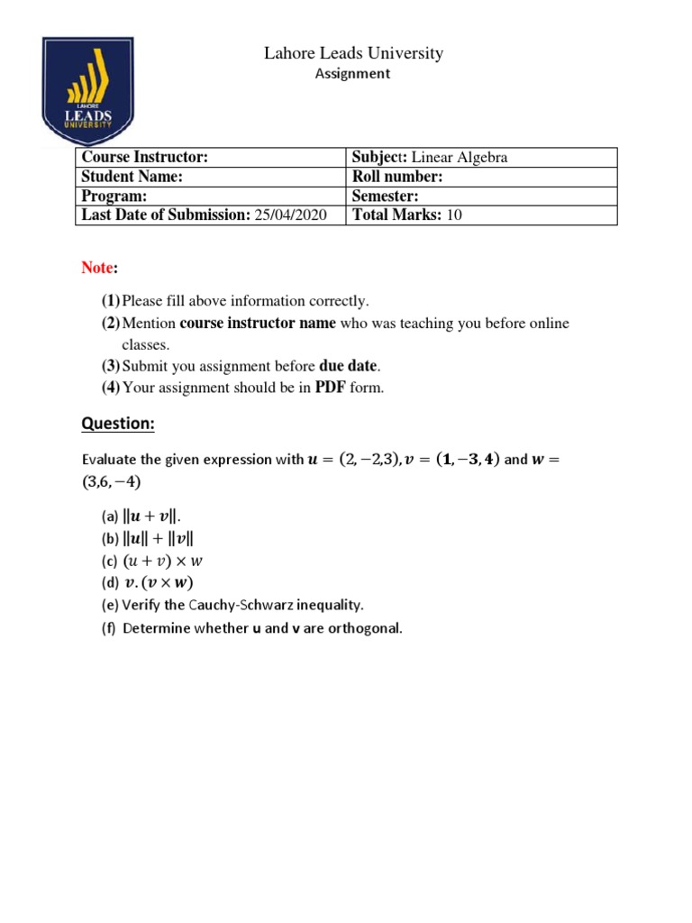 Linear Algebra Assignment Guidelines | PDF