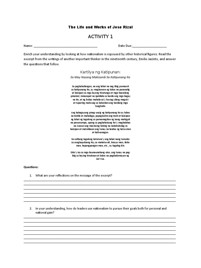 The Life and Works of Jose Rizal Activity1 | PDF