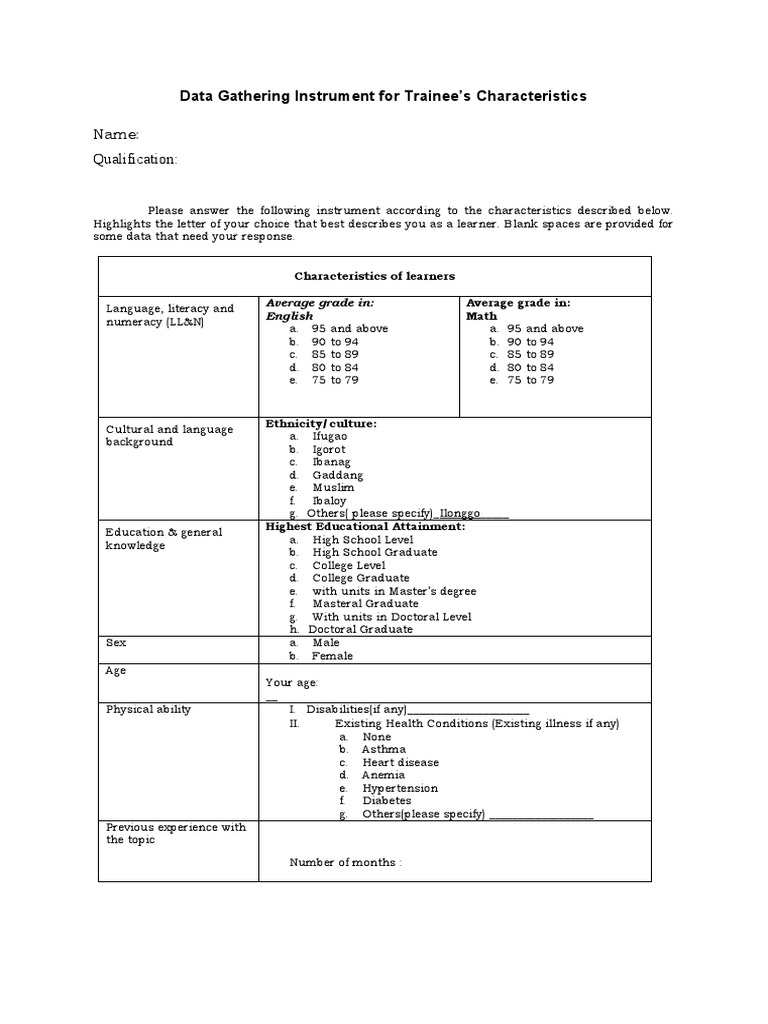 Trainee Characteristics Data Collection Tool | PDF | Learning Styles ...