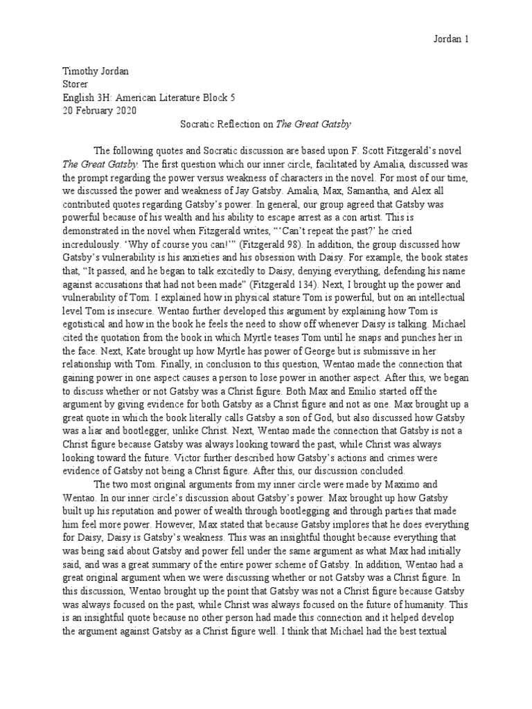 Gatsby Socratic Reflection | PDF | The Great Gatsby