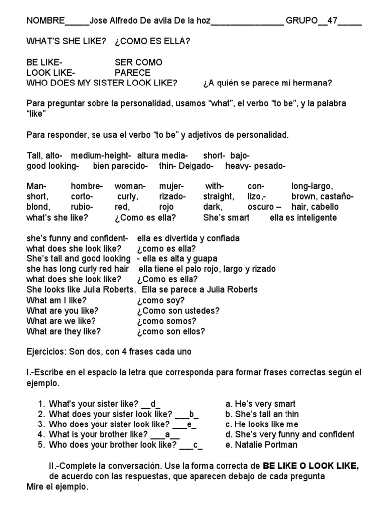 Ejemplos de "Be Like" y "Look Like" | PDF