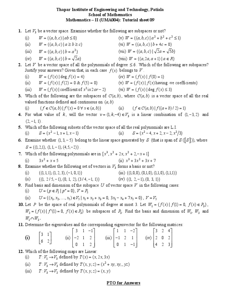 Mathematics Engineering Linear Algebra Vector Spaces Questions | PDF ...