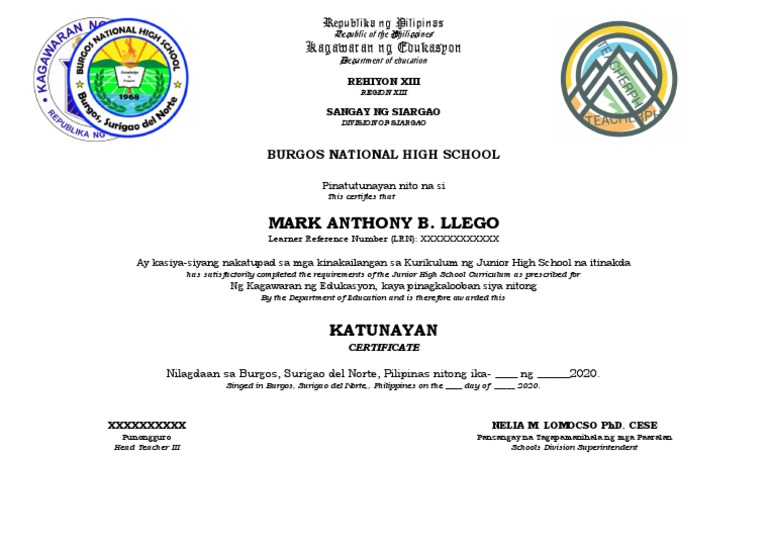 Diploma 2020 Junior High School Certificate of Completion | PDF