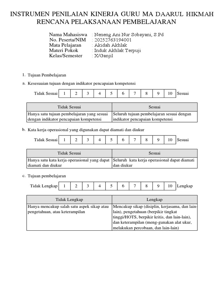 1 - Neng Ani Instrumen Penilaian RPP Ukin PPG | PDF