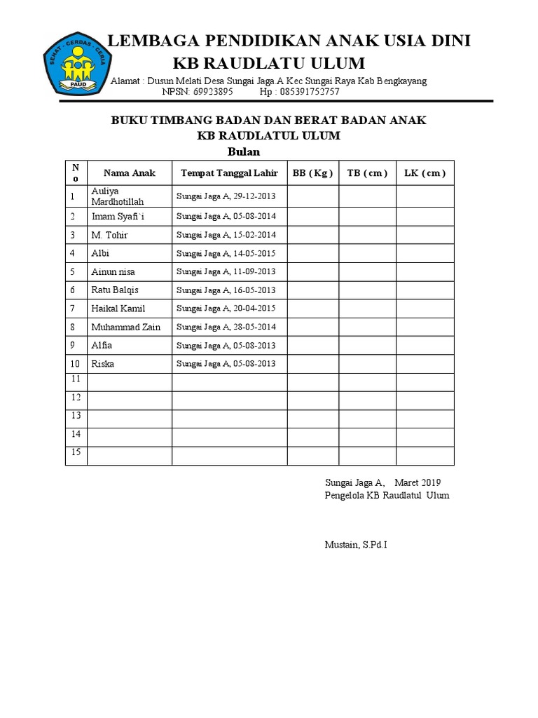 Timbang Badan dan Berat Badan Anak KB Raudlatul Ulum | PDF