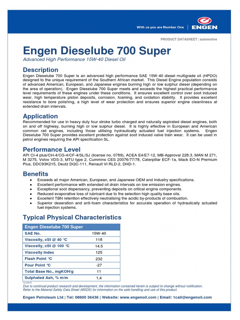 Engen Dieselube 700 Super 15W-40 Oil | PDF | Diesel Engine | Engines