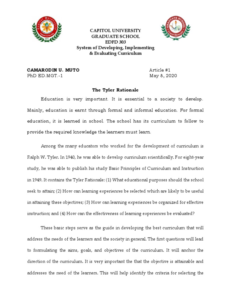 Article On Ralph Tylers Rationale - Camarodin Muto | PDF | Curriculum ...