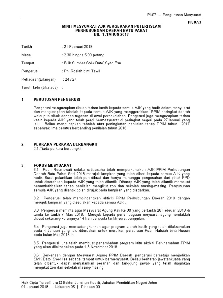 MINIT MESYUARAT Ajk Ppim Bil 1 2018 | PDF