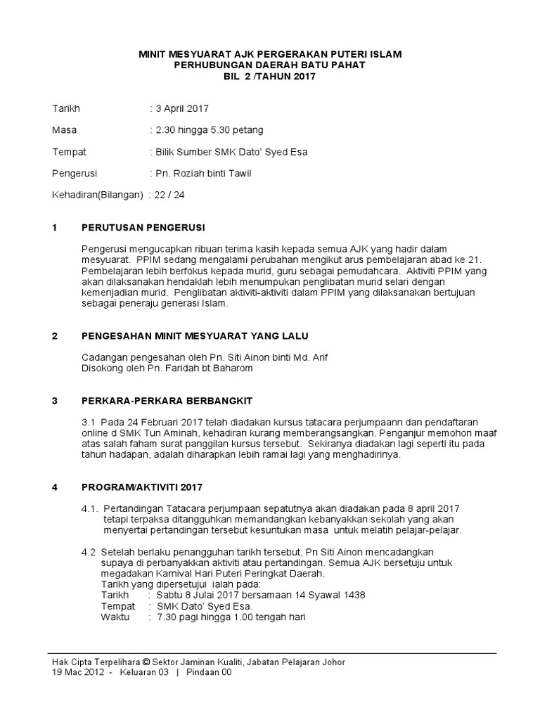 Minit Mesyuarat Ajk PPIM Kali Kedua 2017 | PDF