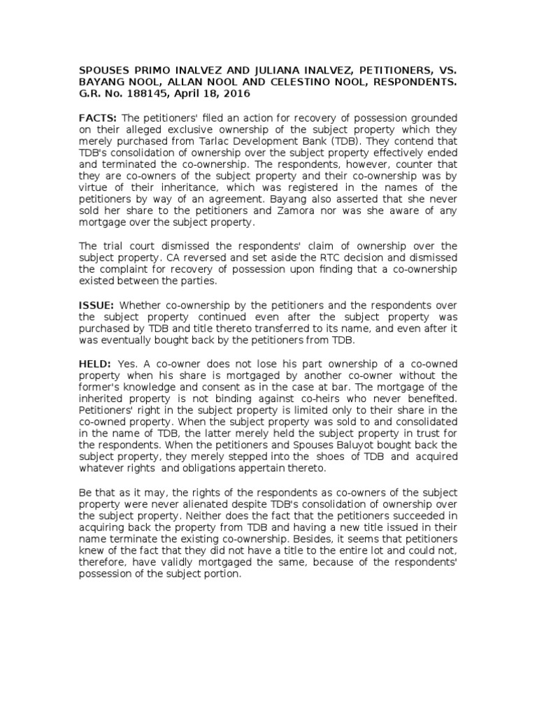 Co-Ownership Dispute: Inalvez vs. Nool | PDF | Concurrent Estate | Property