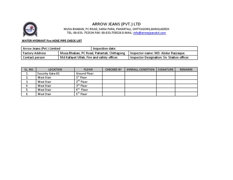 Water Hydrant Fire Hose Pipe Check List | PDF