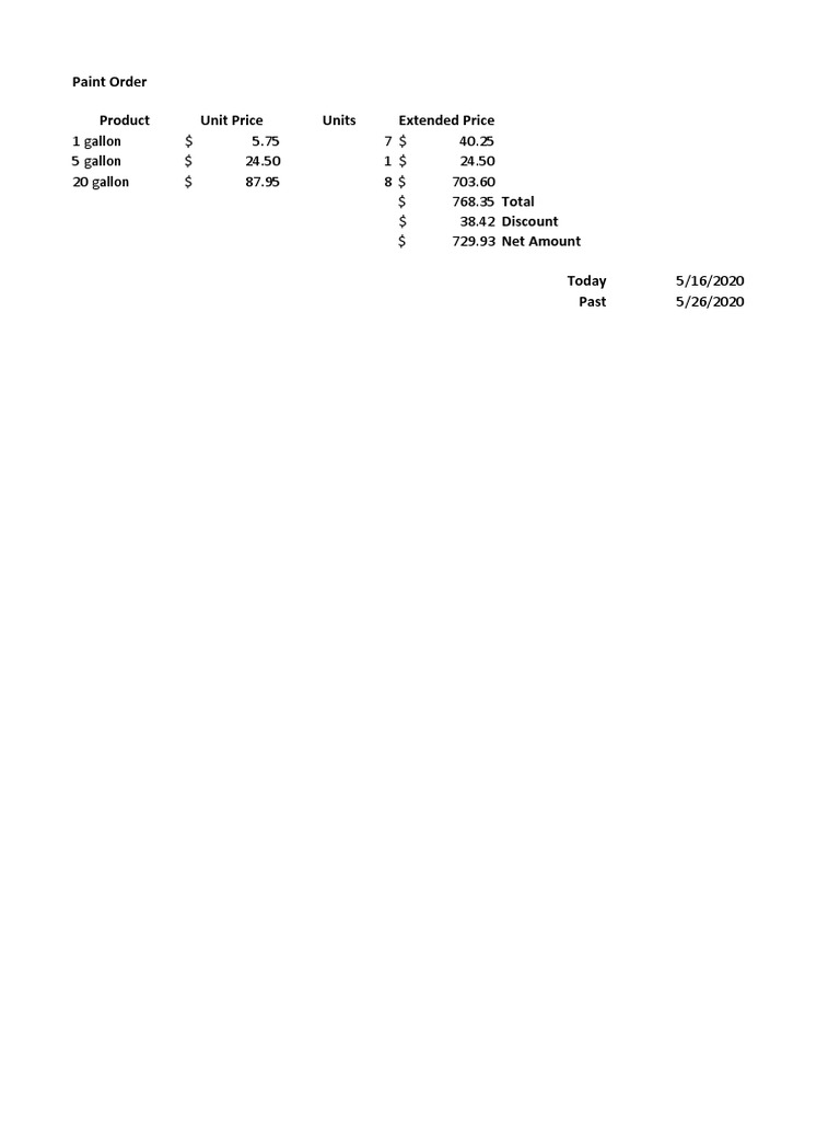Paint Order Product Unit Price Units Extended Price | PDF