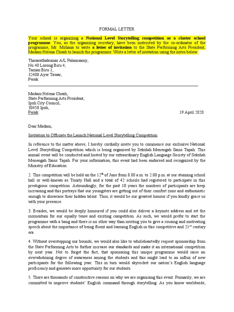 Programme. You, As The Organizing Secretary, Have Been Instructed by ...