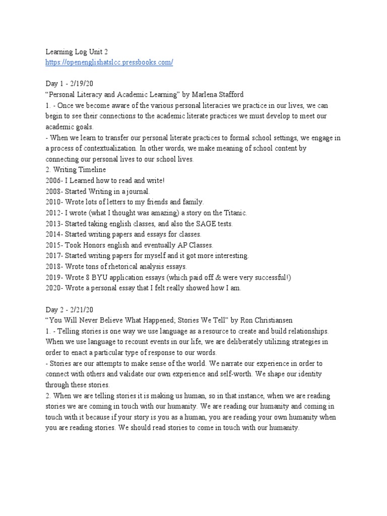 Learning Log Unit 2 | PDF | Narrative | Storytelling