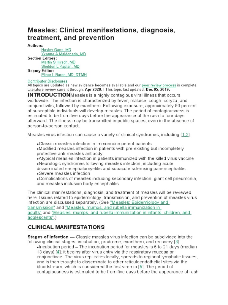 Measles: Clinical Manifestations, Diagnosis, Treatment, and Prevention ...