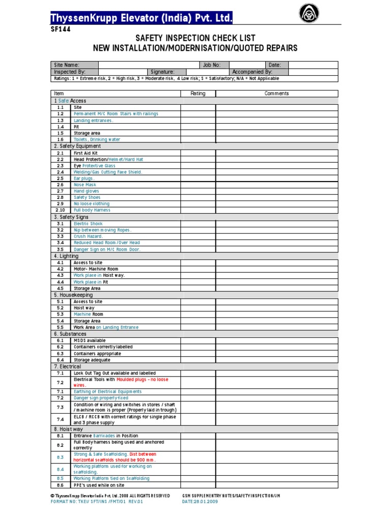 Thyssenkrupp Elevator (India) Pvt. LTD.: Safety Inspection Check List New Installation ...