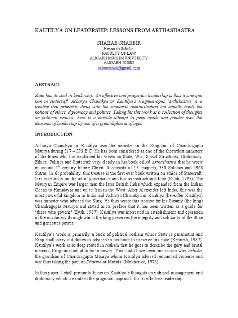 Kautilya On Leadership: Lessons From Arthashastra: Abstract | PDF ...