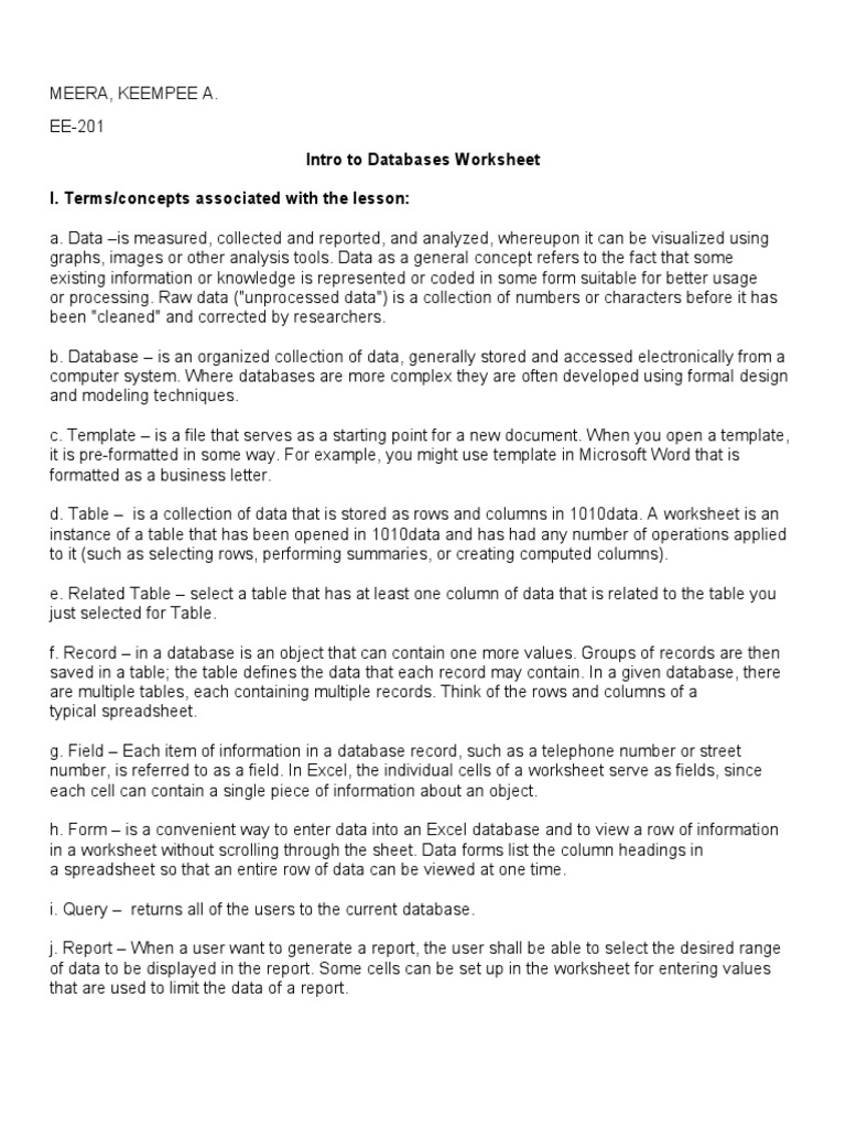 Intro To Databases Worksheet I. Terms/concepts Associated With The ...