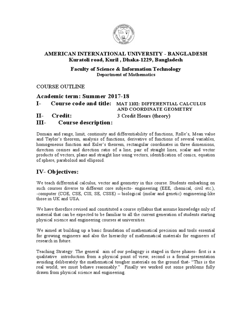 COURSE OUTLINE (Math 1 Summer 2017-18) | PDF | Derivative | Function ...