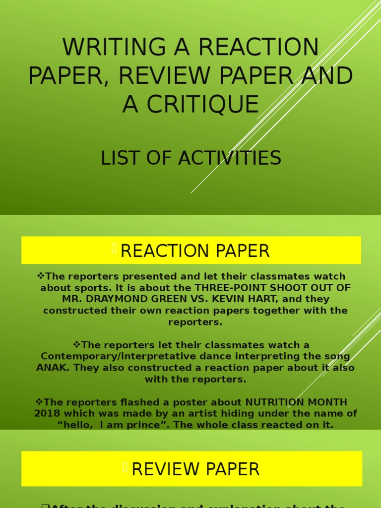 Writing A Reaction Paper, Review Paper and A Critique: List of ...