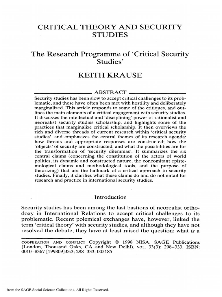 Krause - Critical Theory and Security Studies PDF | PDF