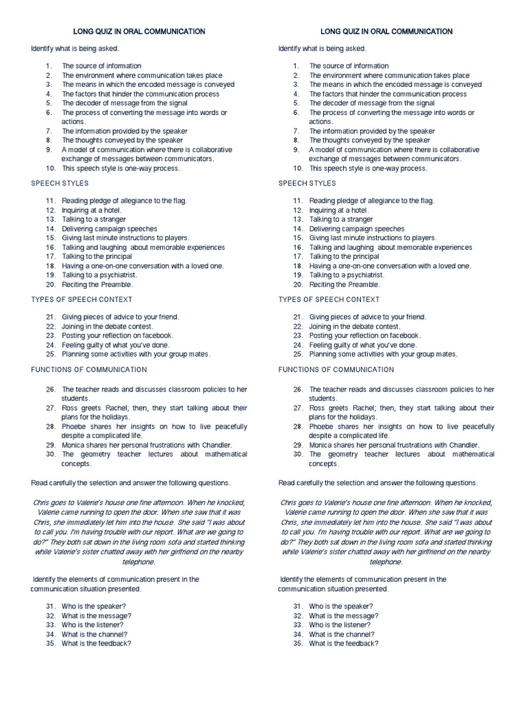 Long Quiz in Oral Communication | PDF | Speech | Communication