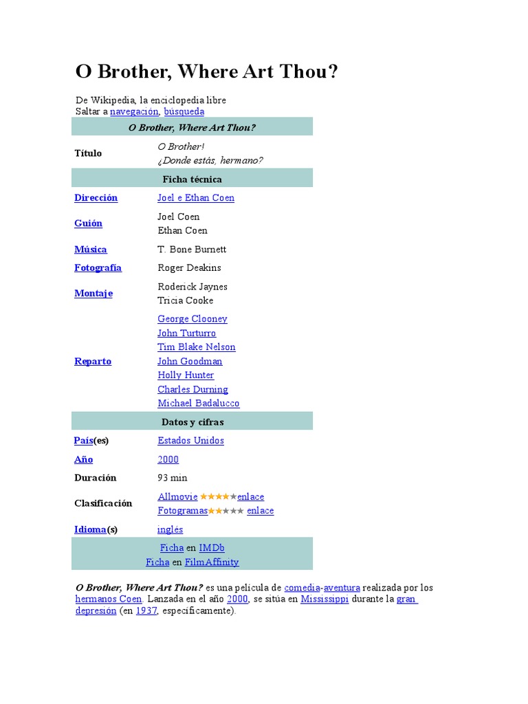 O Brother, Where Art Thou Wikipedia | PDF | Entretenimiento (general)
