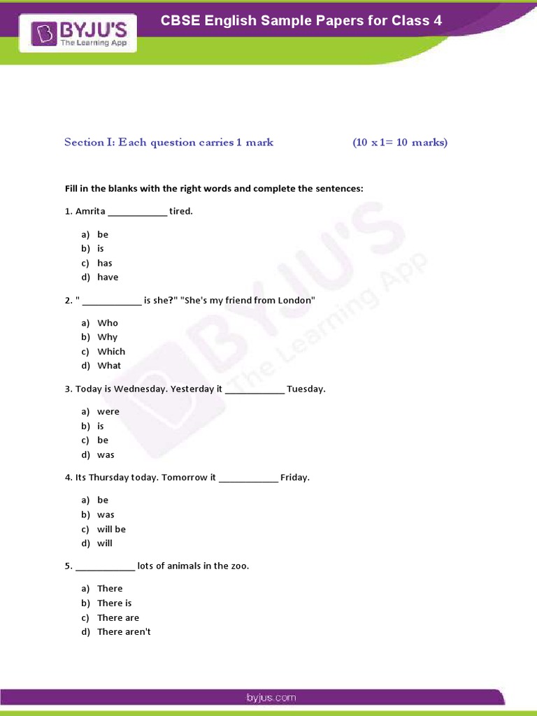 CBSE Sample Paper For Class 4 English Er PDF | PDF | Sentence ...