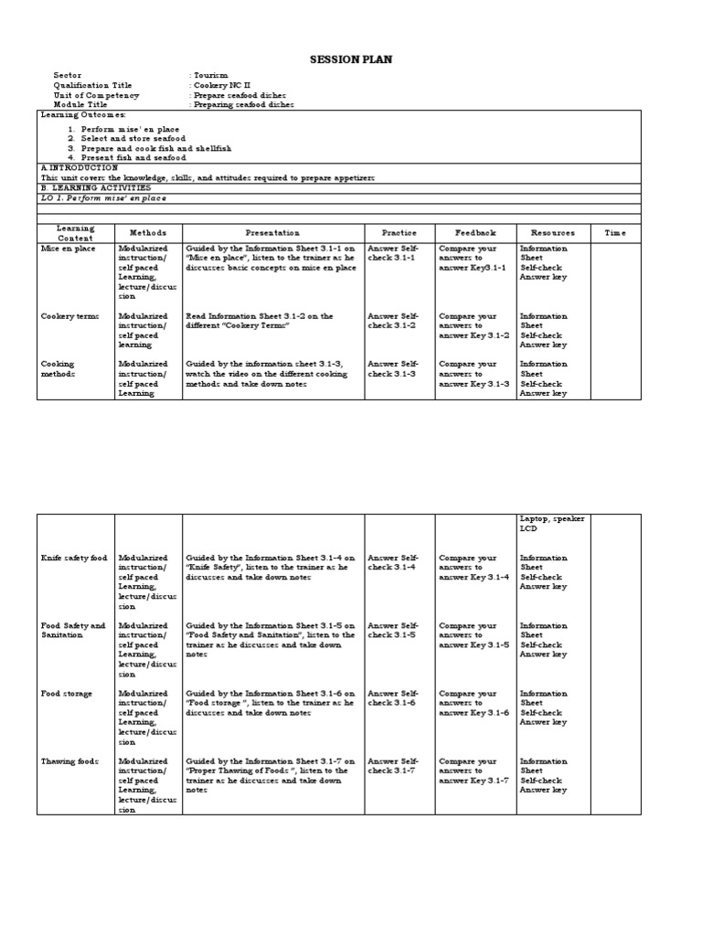 Session Plan Cookery Seafood | PDF | Lecture | Seafood
