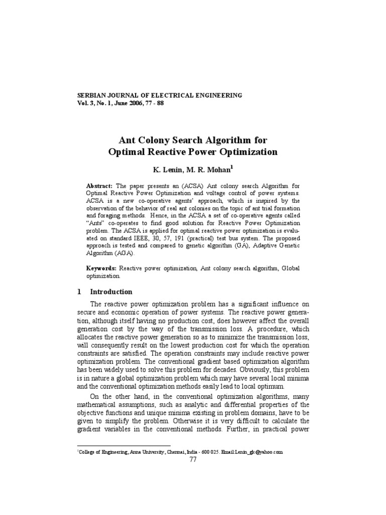 Ant Colony Search Algorithm For Optimal Reactive Power Optimization | PDF | Mathematical ...