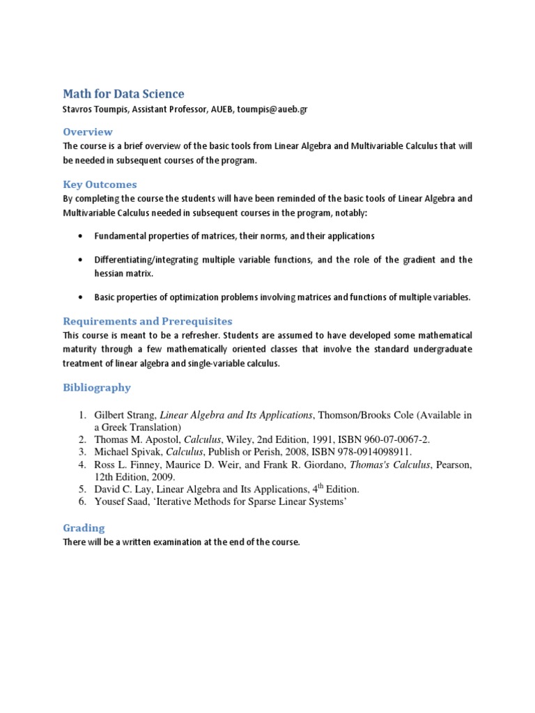 MSCDS - Math For Data Science Syllabus | PDF | Matrix (Mathematics ...