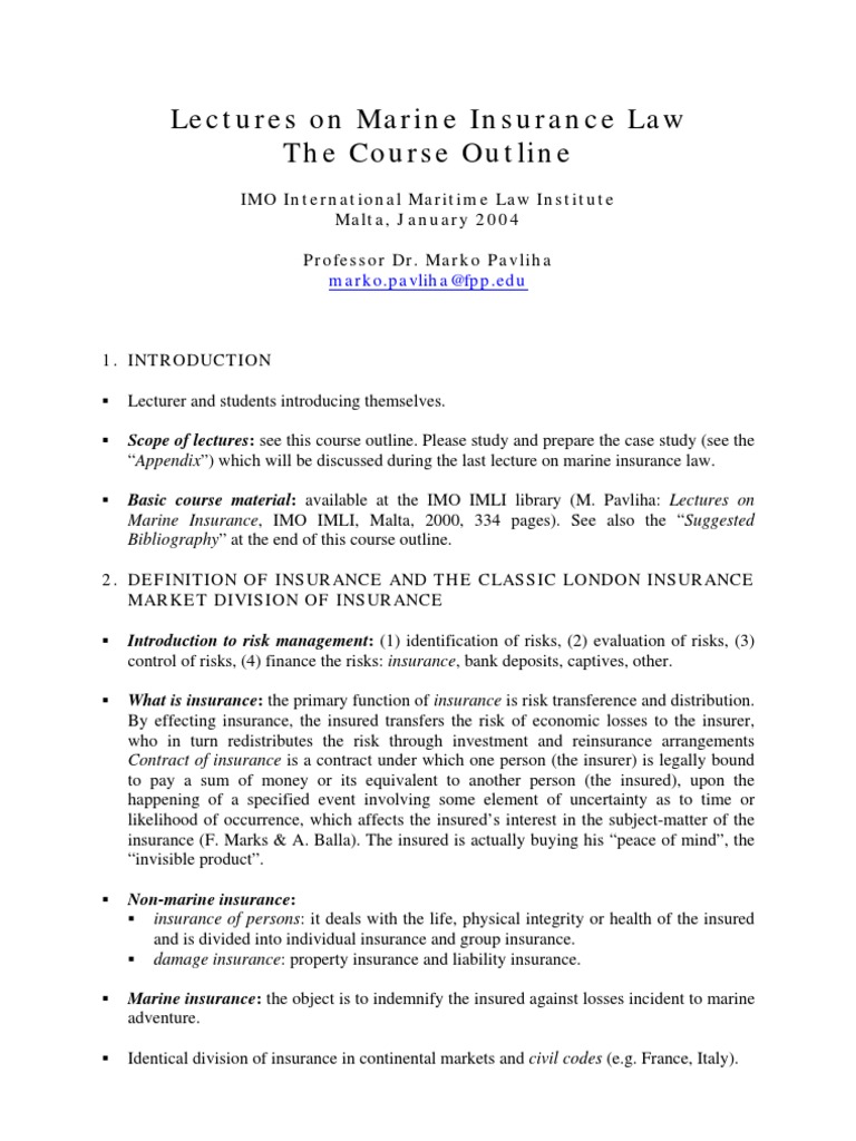 Marine Insurance Law Course Outline | PDF | Insurance | Deductible