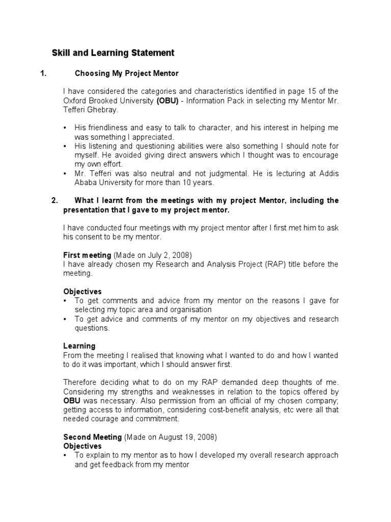 Skill and Learning Statement | PDF | Mentorship | Information