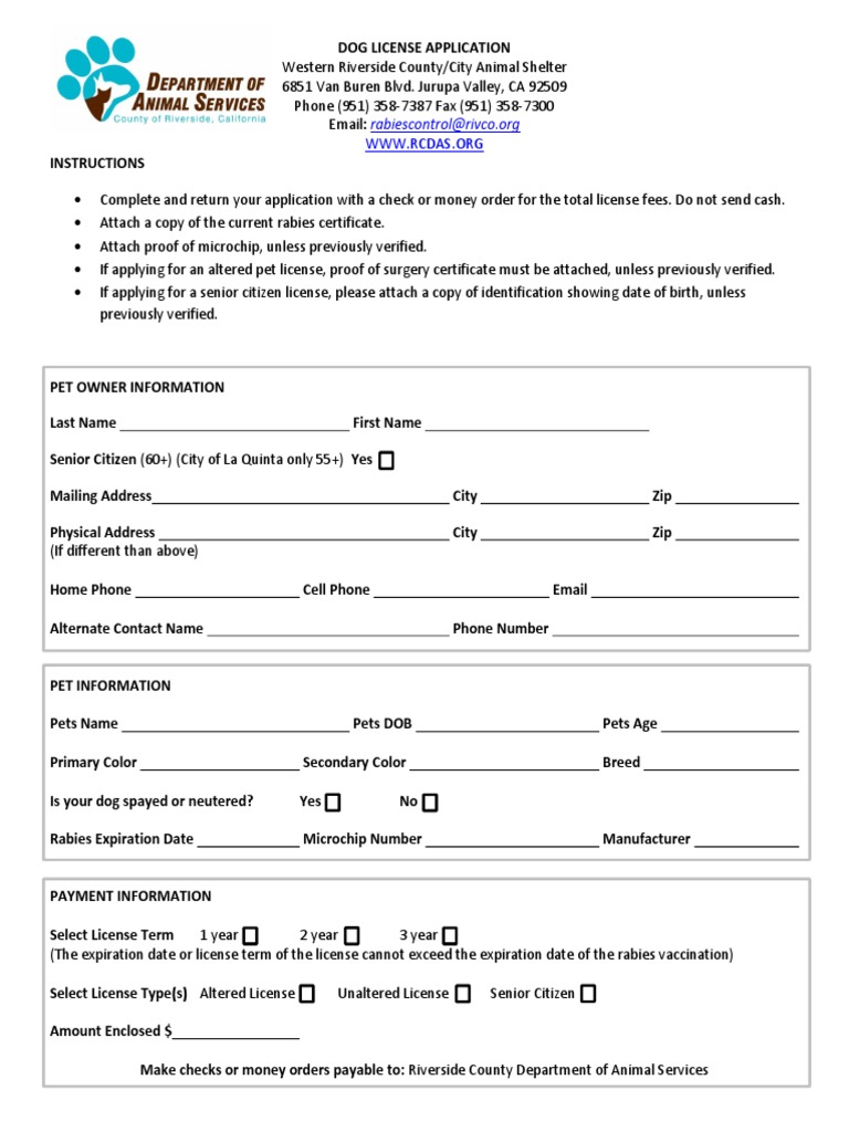 Riverside County Dog License Application | PDF | Dogs | Animals And Humans