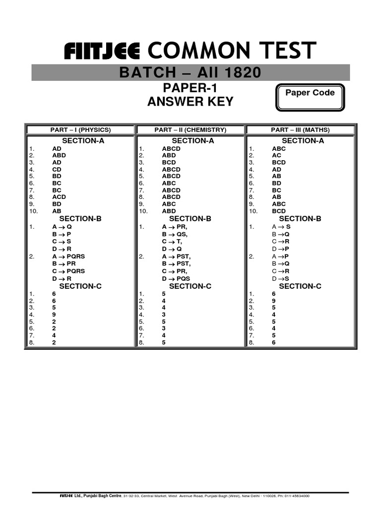 Fiitjee: Common Test | PDF