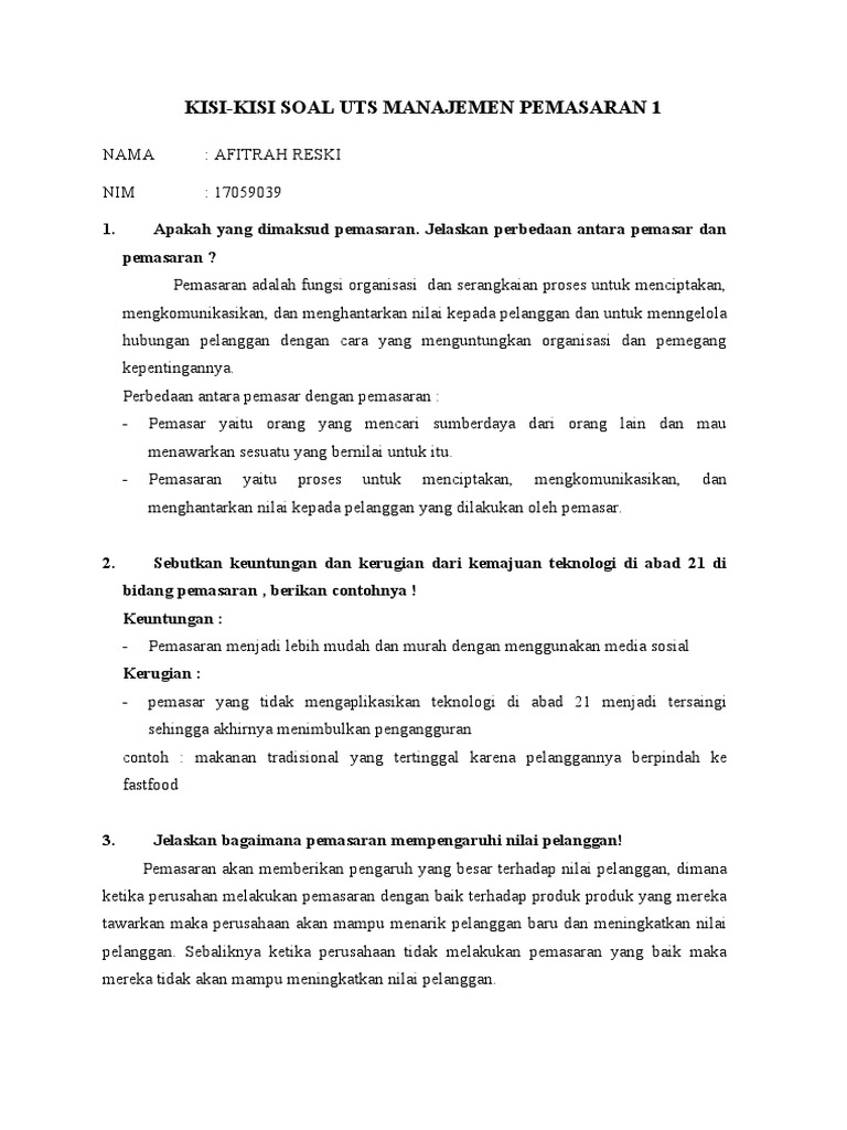 Kisi-Kisi Soal Uts MP 1 | PDF