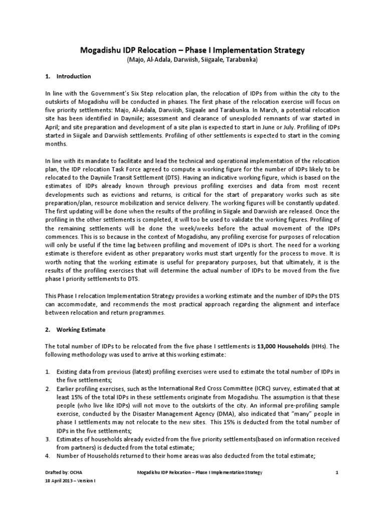 Mogadishu IDP Relocation Strategy Phase I | PDF | Internally Displaced ...