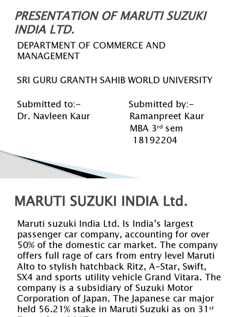 Presentation of Maruti Suzuki India LTD | PDF | Motor Vehicle ...