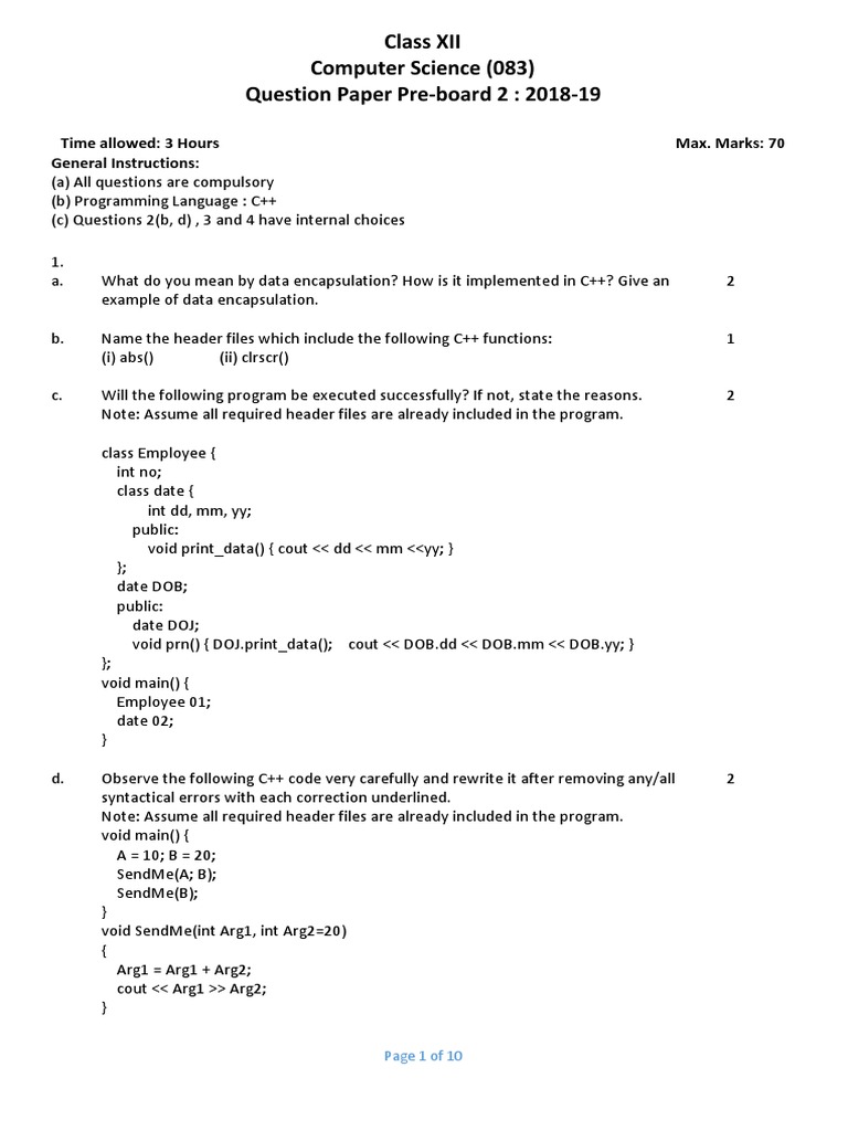 QP CS Class XII Preboard-2 2018-19 | PDF | Subroutine | Parameter (Computer Programming)