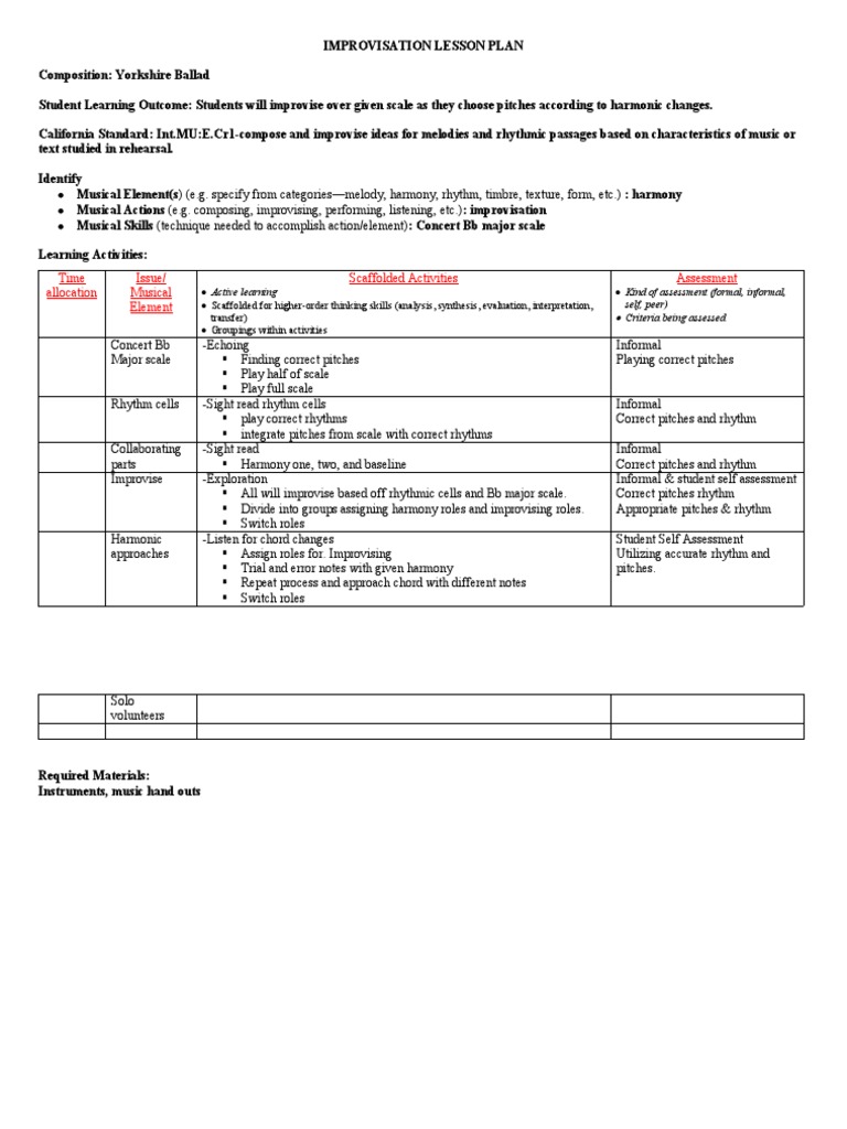 Improvisation Lesson Plan: Yorkshire Ballad | PDF | Harmony | Rhythm