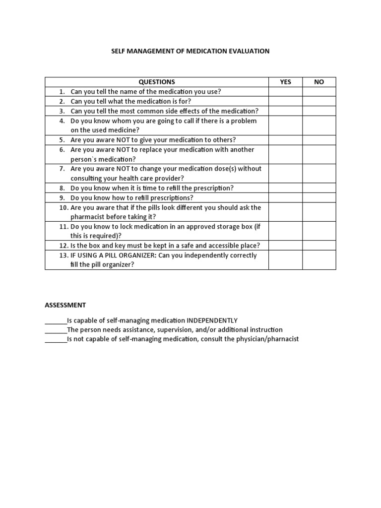 Self Management of Medication Evaluation | PDF