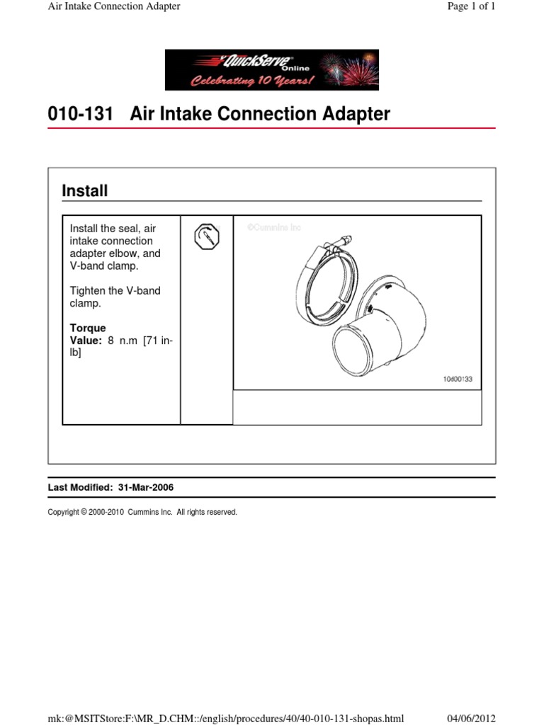 010-131 Air Intake Connection Adapter: Install | PDF