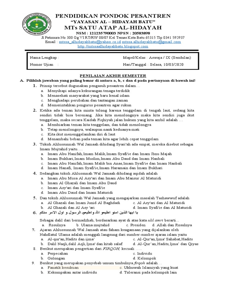 PAS Aswaja 9 Genap | PDF | Agama & Spiritualitas