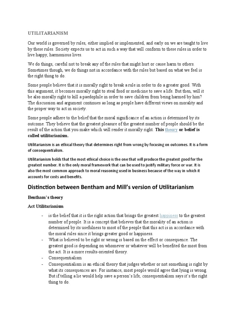 Distinction Between Bentham and Mill's Version of Utilitarianism | PDF ...