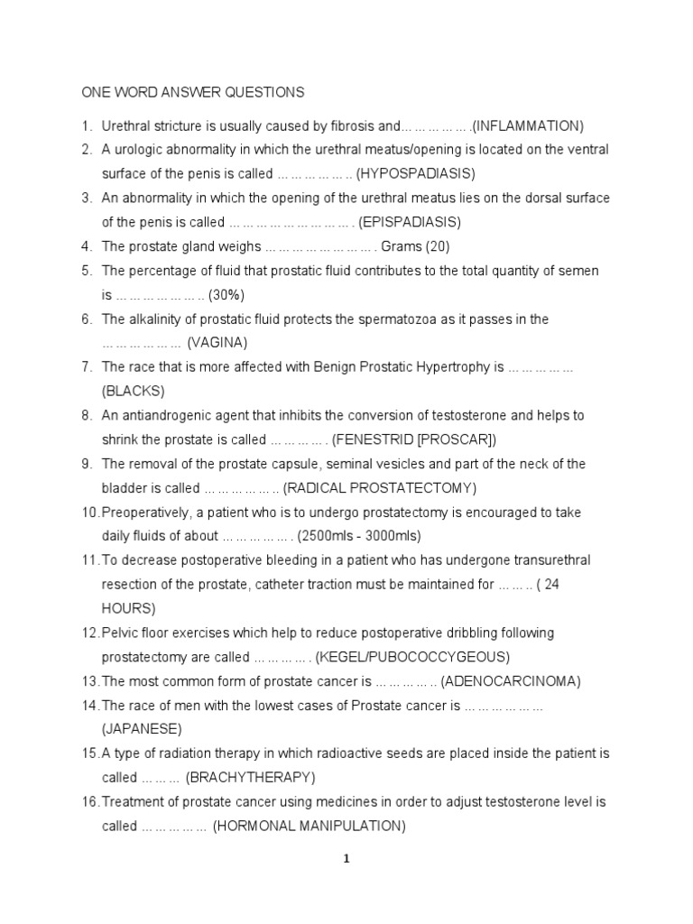 One-word answers for urology questions | PDF | Prostate | Medical ...